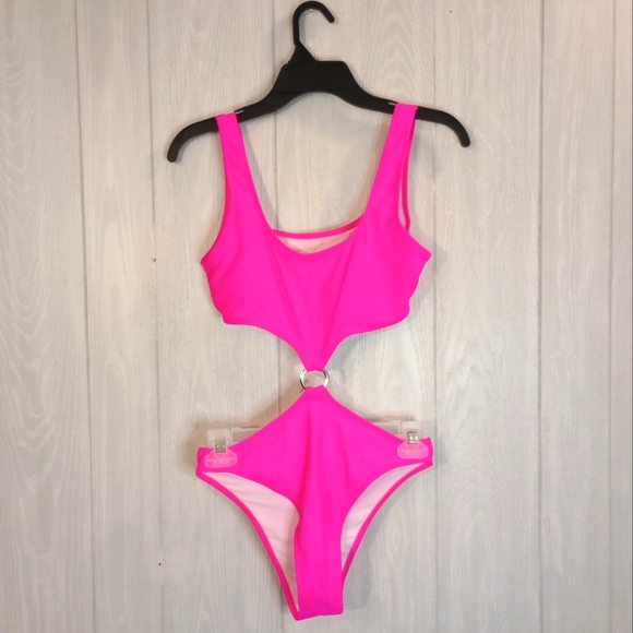 Swim | Cut Out Waist Ring One Piece Swimsuit Bodysuit In Neon Pink ...